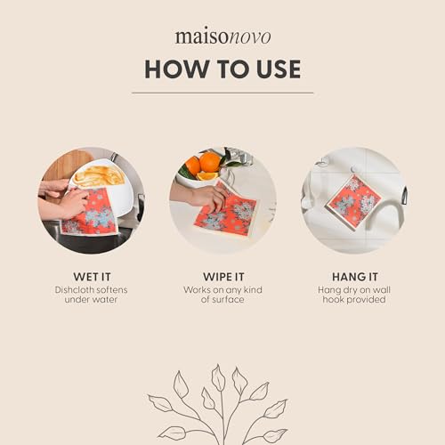 MaisoNovo Swedish Dishcloths for Kitchen | Reusable Paper Towels with Hook | Biodegradable and Reusable Paper Towels Washable | Swedish Dishcloth Reusable Paper Towel | Kyoto Cherry - Pack of 2