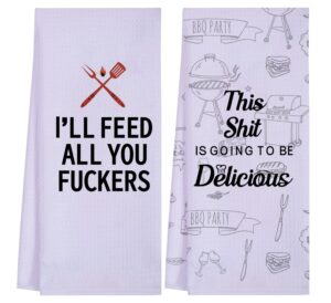 lxomill funny kitchen towels for men, women, bbq grilling cooking dish towels, funny birthday gifts for husband, dad, boyfriend, friend, hilarious gag gift for chefs