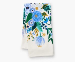 rifle paper co. garden party blue tea towel, 28" l x 21" w, add color into your kitchen with vibrant screen printed towels, added loop, made from cotton, machine washable