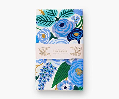 RIFLE PAPER CO. Garden Party Blue Tea Towel, 28" L x 21" W, Add Color into Your Kitchen with Vibrant Screen Printed Towels, Added Loop, Made from Cotton, Machine Washable