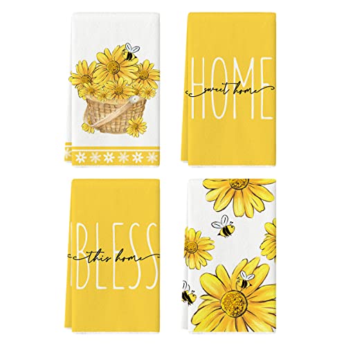 Artoid Mode Sunflower Bees Flower Basket Home Sweet Home Summer Kitchen Towels Dish Towels, 18x26 Inch Seasonal Decoration Hand Towels Set of 4