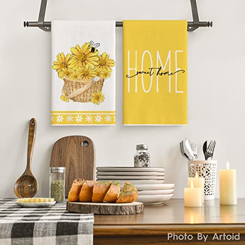 Artoid Mode Sunflower Bees Flower Basket Home Sweet Home Summer Kitchen Towels Dish Towels, 18x26 Inch Seasonal Decoration Hand Towels Set of 4