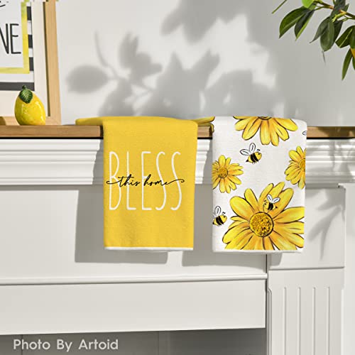 Artoid Mode Sunflower Bees Flower Basket Home Sweet Home Summer Kitchen Towels Dish Towels, 18x26 Inch Seasonal Decoration Hand Towels Set of 4