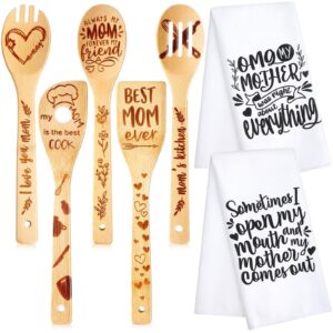 7 Pieces Mom Gifts Set Including 2 Pieces Mom Kitchen Towels Mom Dish Towels and 5 Pieces Bamboo Utensils for Mother's Day Mom Birthday Christmas Gifts