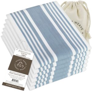 honest weave gots certified organic cotton kitchen hand and dish towel sets - oversized 20x30 inches, fully hemmed, in designer colors, 6-pack, dusty blue stripe