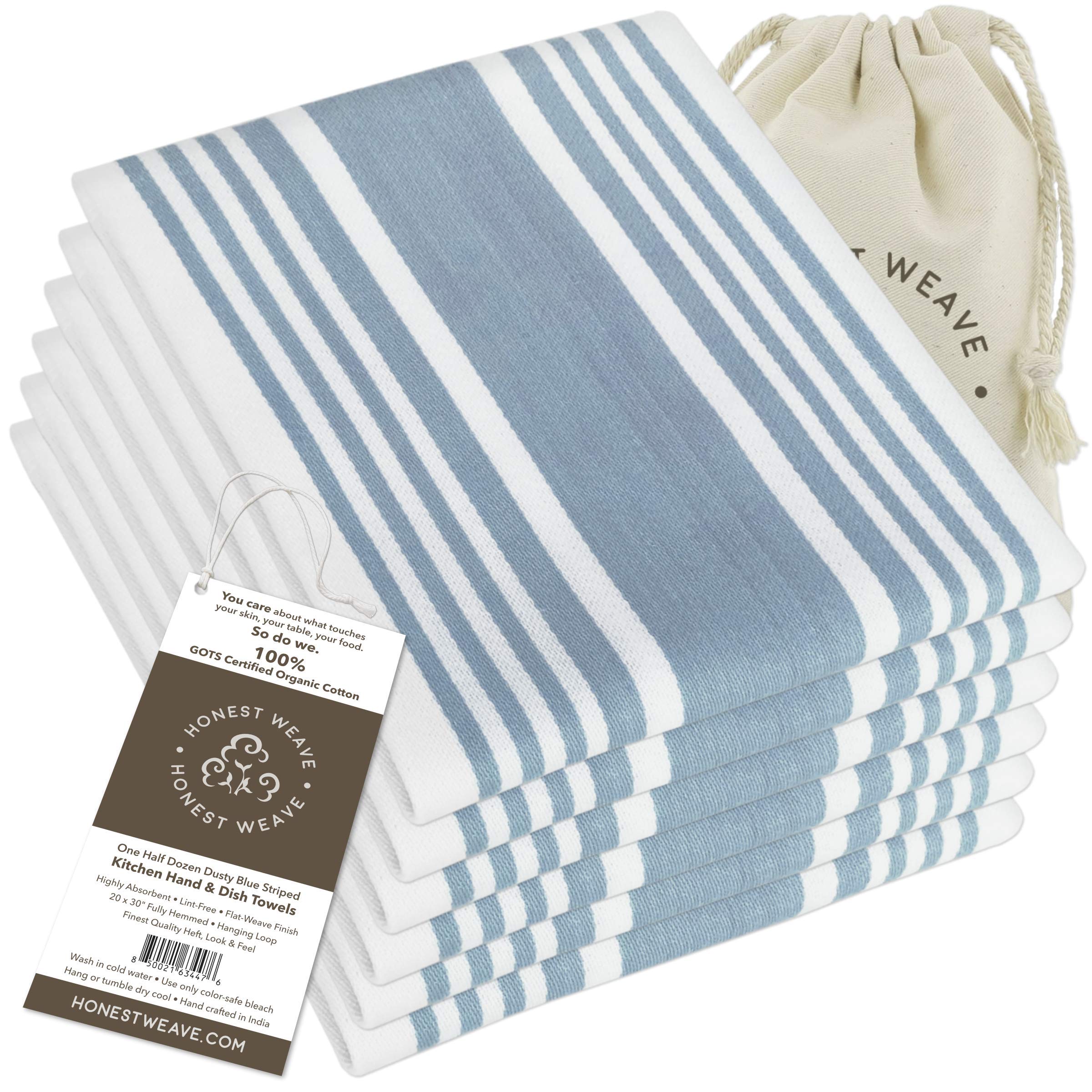 HONEST WEAVE GOTS Certified Organic Cotton Kitchen Hand and Dish Towel Sets - Oversized 20x30 inches, Fully Hemmed, in Designer Colors, 6-Pack, Dusty Blue Stripe