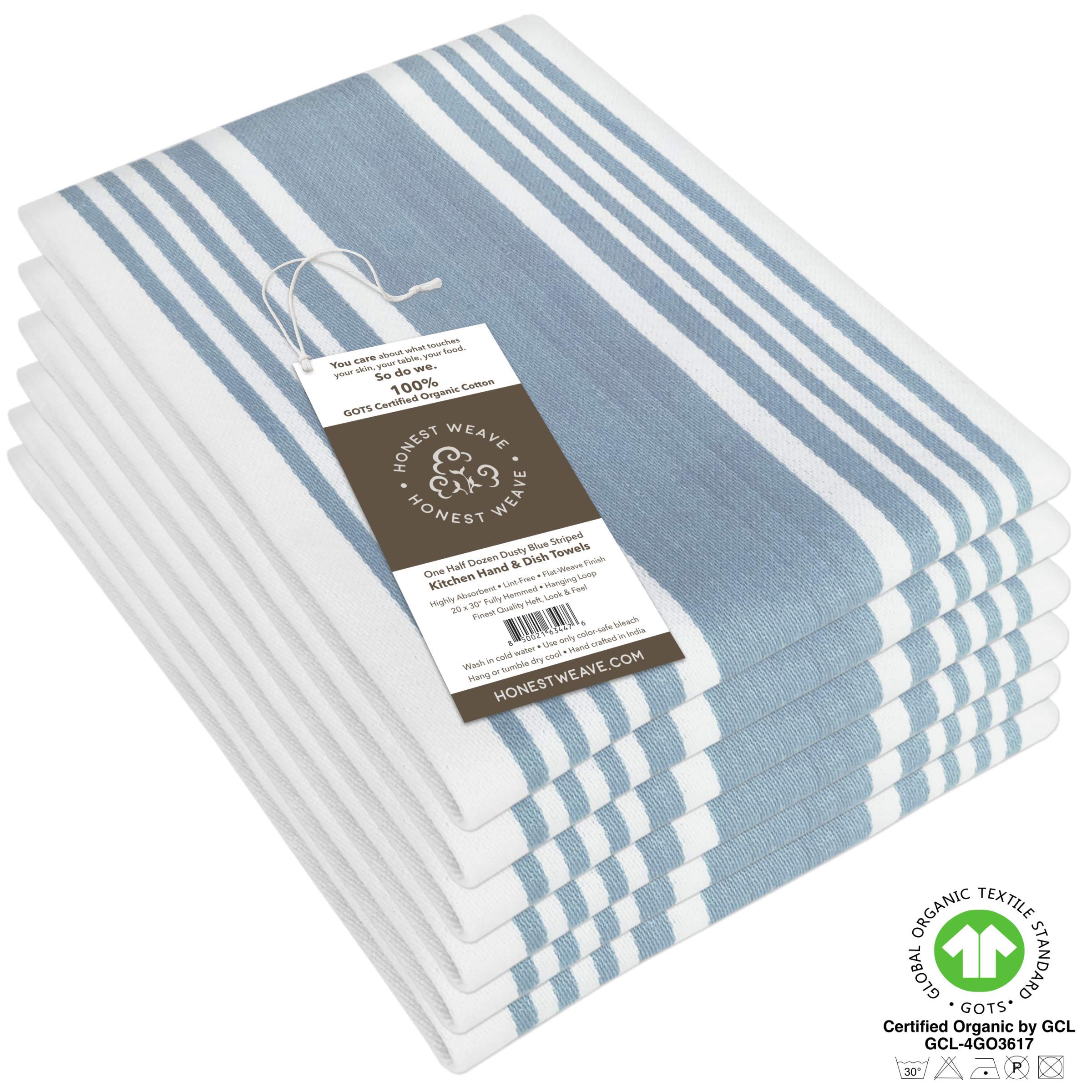 HONEST WEAVE GOTS Certified Organic Cotton Kitchen Hand and Dish Towel Sets - Oversized 20x30 inches, Fully Hemmed, in Designer Colors, 6-Pack, Dusty Blue Stripe