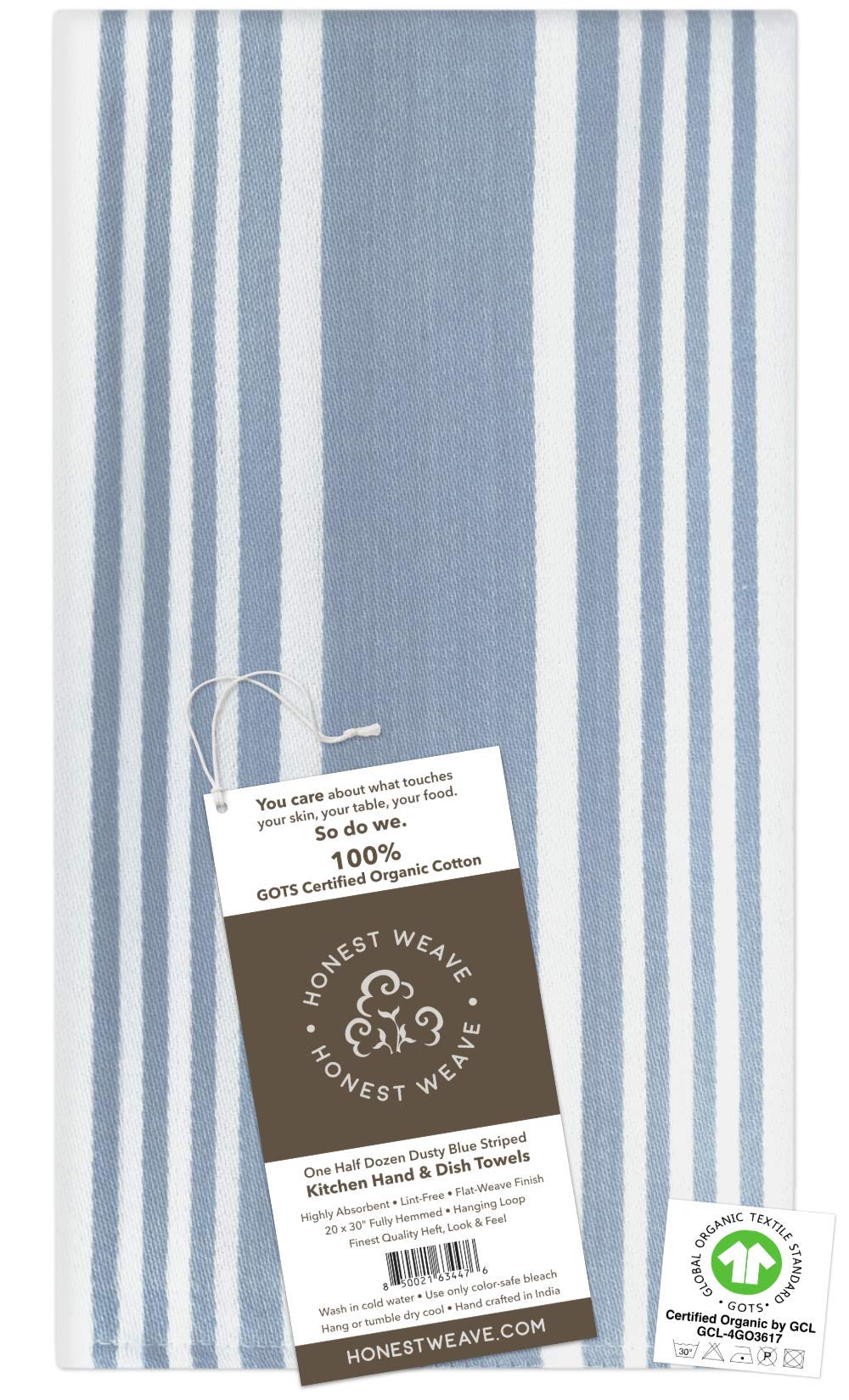 HONEST WEAVE GOTS Certified Organic Cotton Kitchen Hand and Dish Towel Sets - Oversized 20x30 inches, Fully Hemmed, in Designer Colors, 6-Pack, Dusty Blue Stripe