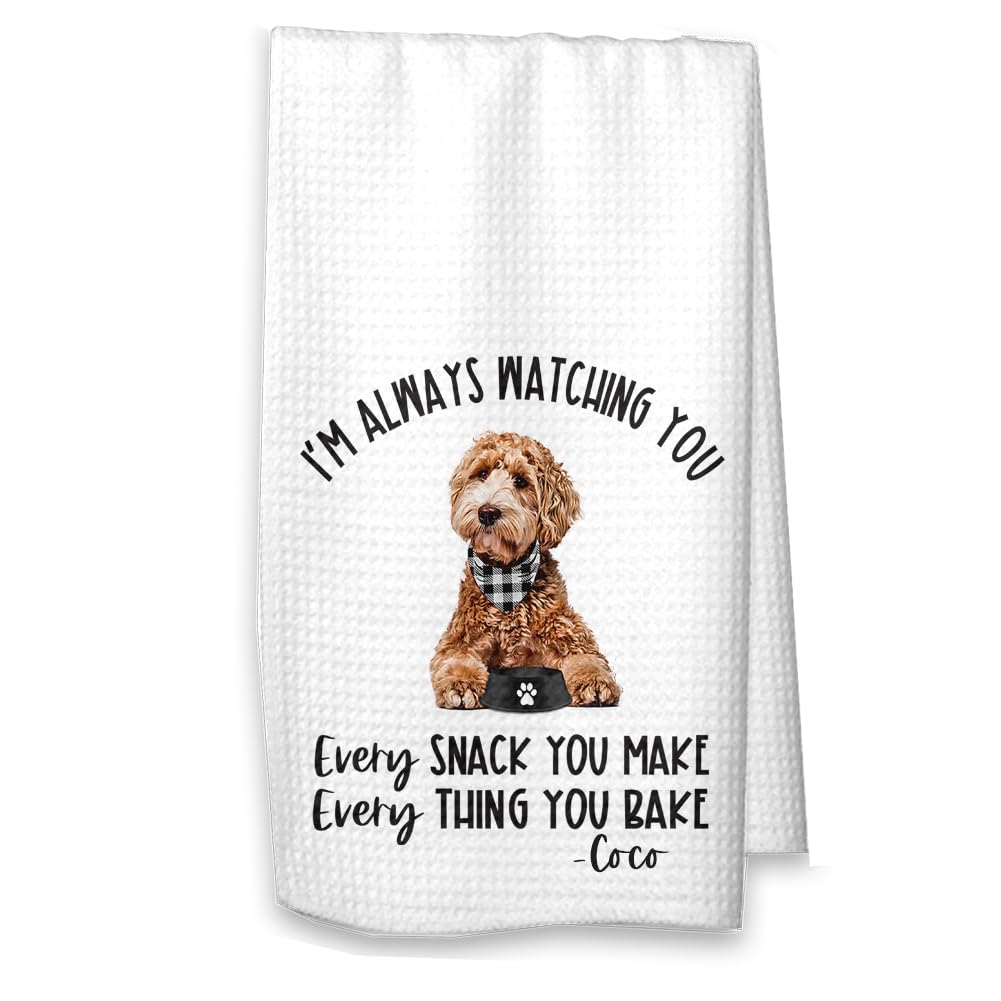 The Creating Studio Custom Goldendoodle Always Watching You Waffle Weave Kitchen Towel, Housewarming Gift, Hostess Gift (White, Goldendoodle with Name)