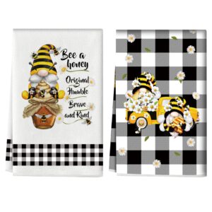 poilkmni bee gnome kitchen dish towels, honey black white buffalo plaid check tea towels dishcloths, summer farmhouse daisy hand towels, bee kitchen decor, housewarming gifts for new home