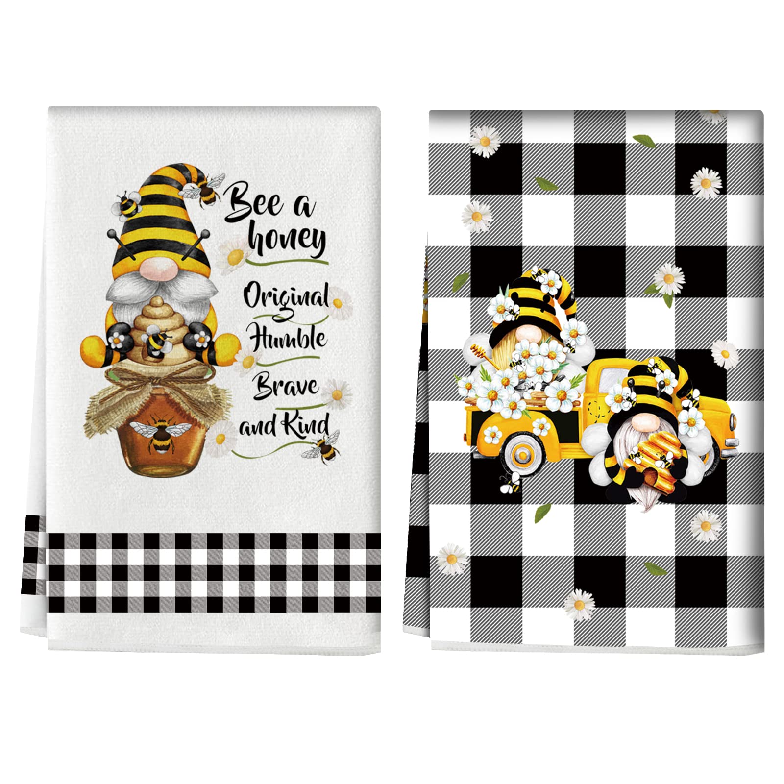 POILKMNI Bee Gnome Kitchen Dish Towels, Honey Black White Buffalo Plaid Check Tea Towels Dishcloths, Summer Farmhouse Daisy Hand Towels, Bee Kitchen Decor, Housewarming Gifts for New Home