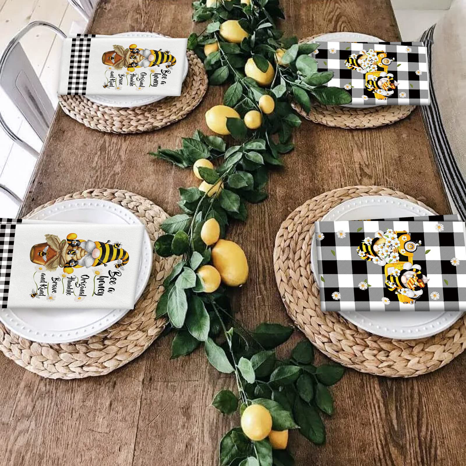 POILKMNI Bee Gnome Kitchen Dish Towels, Honey Black White Buffalo Plaid Check Tea Towels Dishcloths, Summer Farmhouse Daisy Hand Towels, Bee Kitchen Decor, Housewarming Gifts for New Home