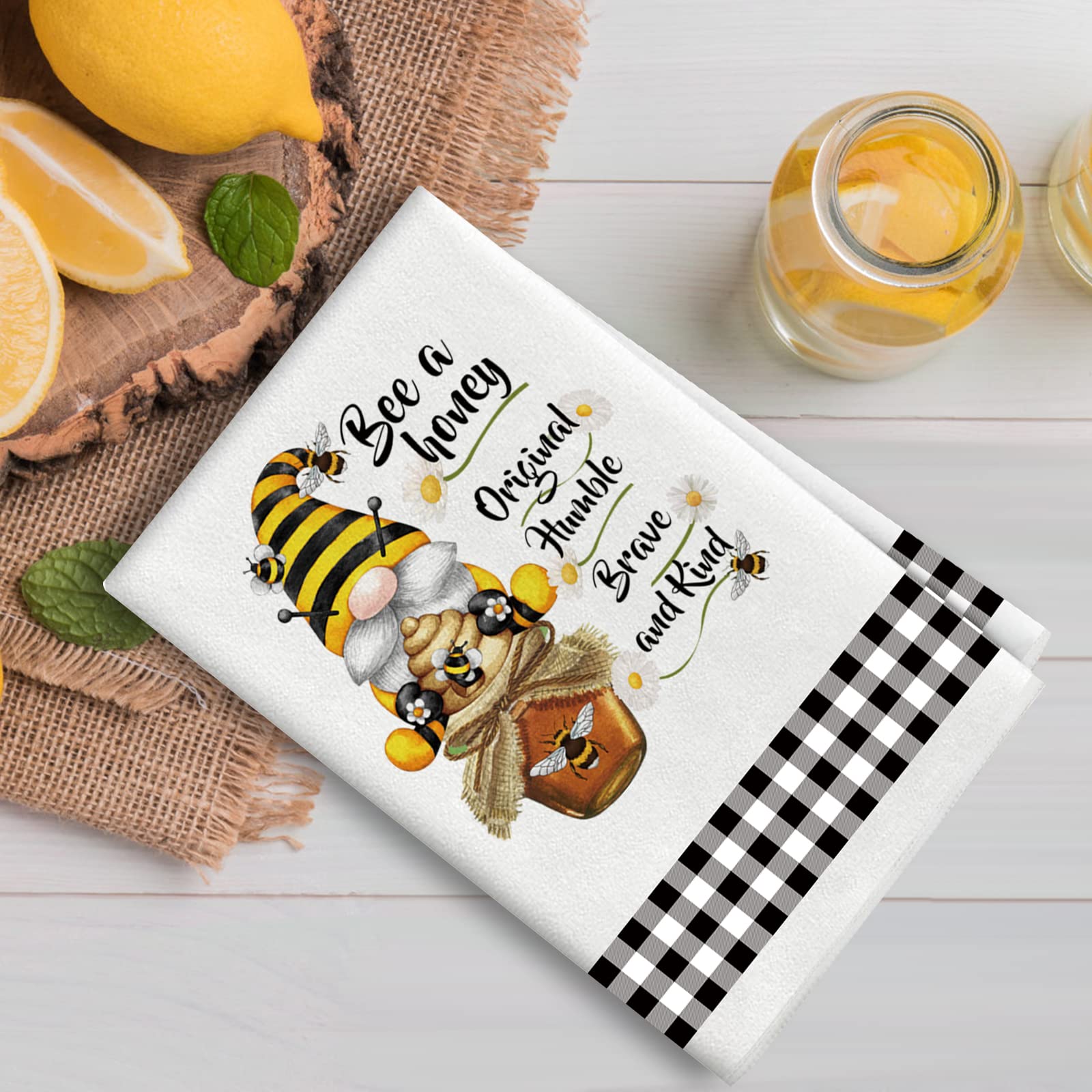 POILKMNI Bee Gnome Kitchen Dish Towels, Honey Black White Buffalo Plaid Check Tea Towels Dishcloths, Summer Farmhouse Daisy Hand Towels, Bee Kitchen Decor, Housewarming Gifts for New Home