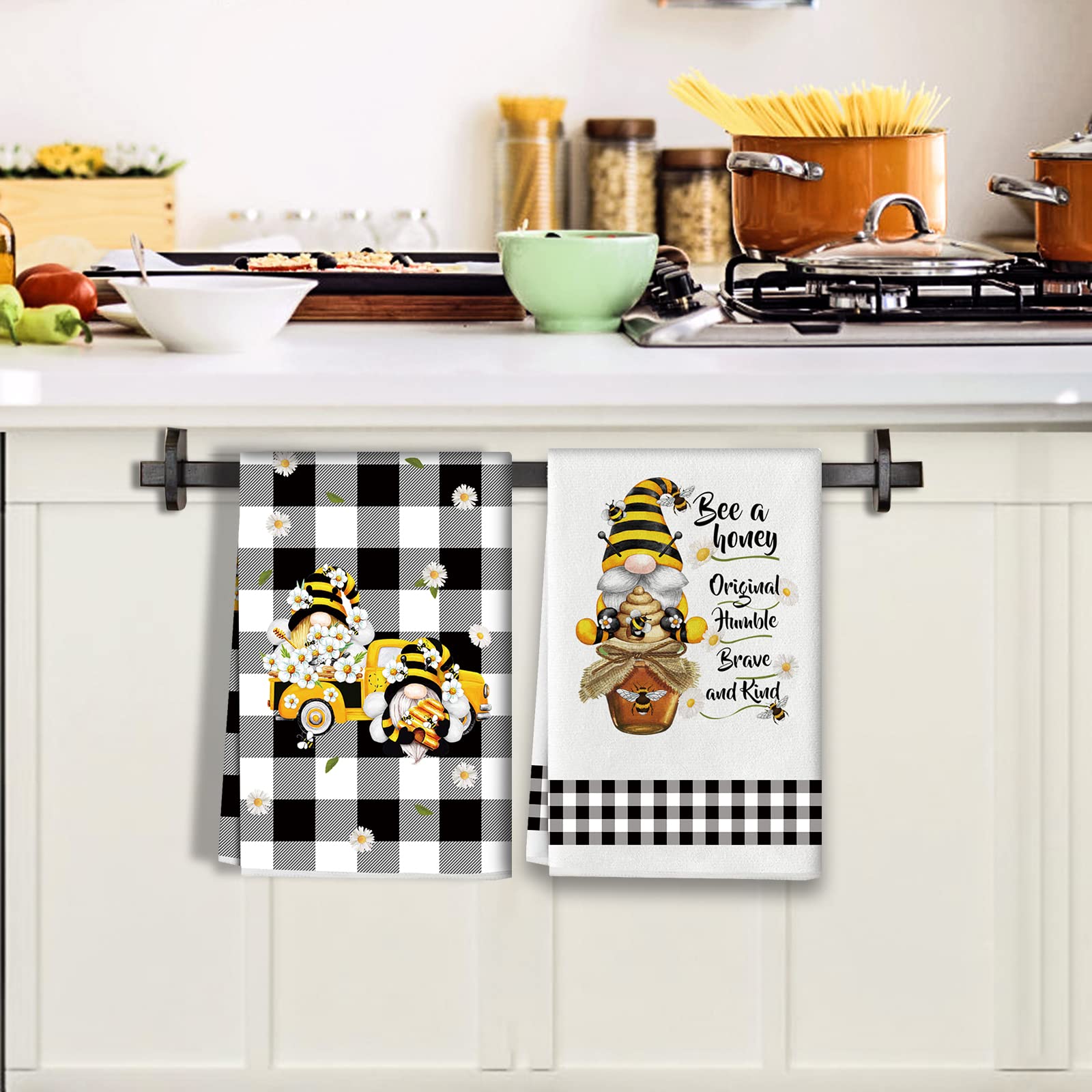 POILKMNI Bee Gnome Kitchen Dish Towels, Honey Black White Buffalo Plaid Check Tea Towels Dishcloths, Summer Farmhouse Daisy Hand Towels, Bee Kitchen Decor, Housewarming Gifts for New Home