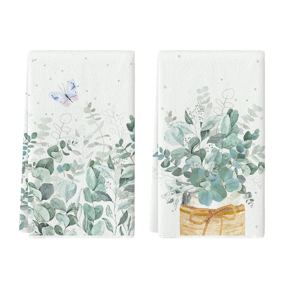 Artoid Mode Eucalyptus Leaves Flower Vase Kitchen Towels Dish Towels, 18x26 Inch Summer Holiday Decoration Hand Towels Set of 2