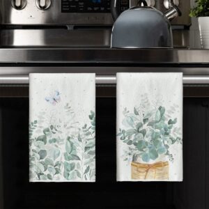 Artoid Mode Eucalyptus Leaves Flower Vase Kitchen Towels Dish Towels, 18x26 Inch Summer Holiday Decoration Hand Towels Set of 2