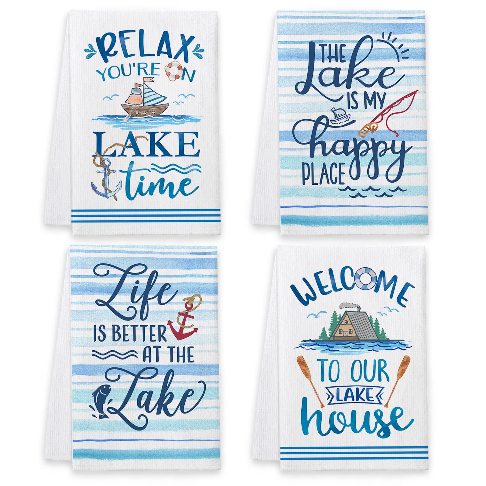 Lake House Decor, Lake House Decor for The Home, Lake House Gifts Kitchen Towels, Lake Life Decor Dish Towels Set of 4, Life is Better at The Lake Hand Tea Towels Housewarming Gifts for New Home