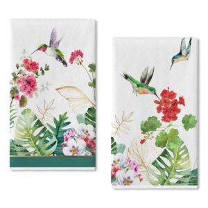 seliem summer hummingbird geranium flower bird kitchen dish towel 2 pack, tropical palm leaf monstera plant floral hand drying baking cloth, spring botanical greenery green decor home decoration 18x26