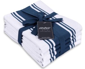 amour infini cotton stripe kitchen towels set of 4 highly absorbent, super soft, quick drying dish towels with hanging loop oversized washable tea towels (28x20 inch - blue)