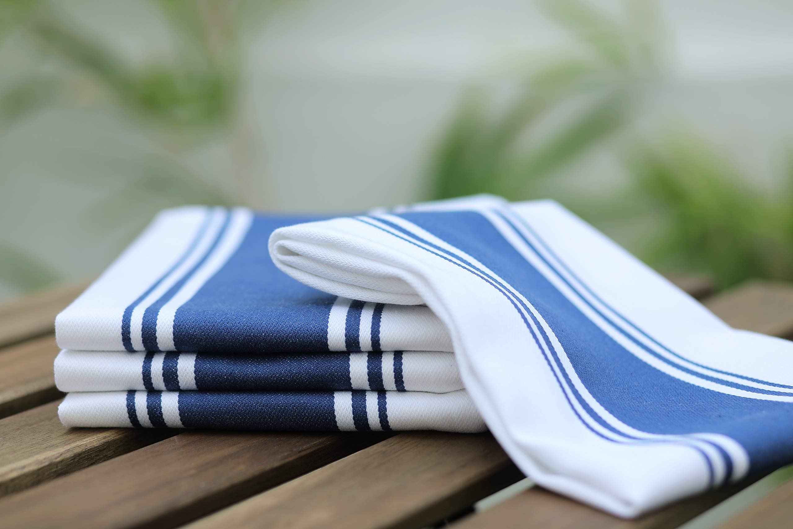 AMOUR INFINI Cotton Stripe Kitchen Towels Set of 4 Highly Absorbent, Super Soft, Quick Drying Dish Towels with Hanging Loop Oversized Washable Tea Towels (28x20 Inch - Blue)