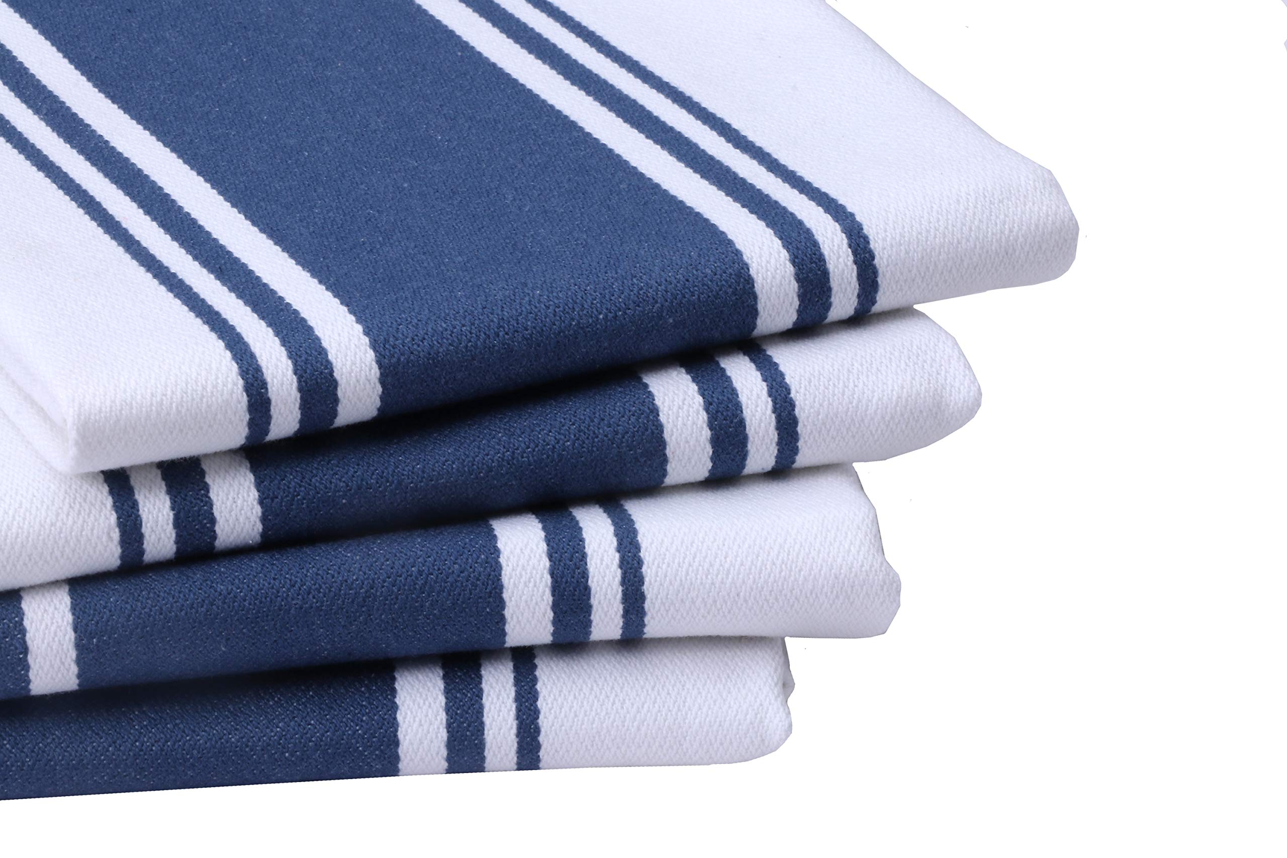 AMOUR INFINI Cotton Stripe Kitchen Towels Set of 4 Highly Absorbent, Super Soft, Quick Drying Dish Towels with Hanging Loop Oversized Washable Tea Towels (28x20 Inch - Blue)