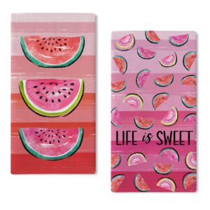 seliem summer life is sweet watermelon kitchen dish towel set of 2, red pink stripes hand towel drying baking cooking cloth, spring seasonal farmhouse home kitchen decor 18x26 inch