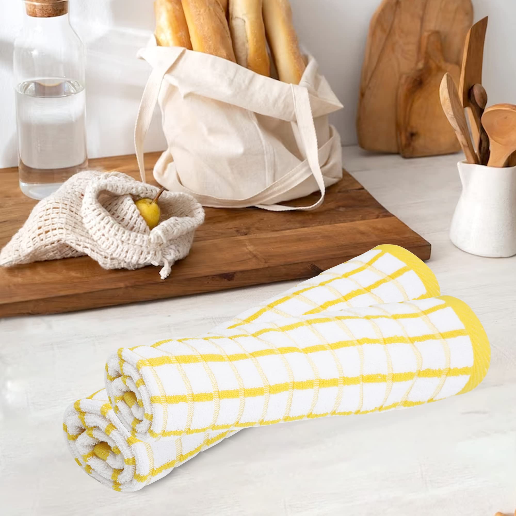 Urban Villa Kitchen Towels Yellow/White Set of 3 Terry Kitchen Towels 100% Cotton Ultra Soft Size 20X30 Inches Highly Absorbent Over Sized Kitchen Towels with Hanging Loop Kitchen Towels