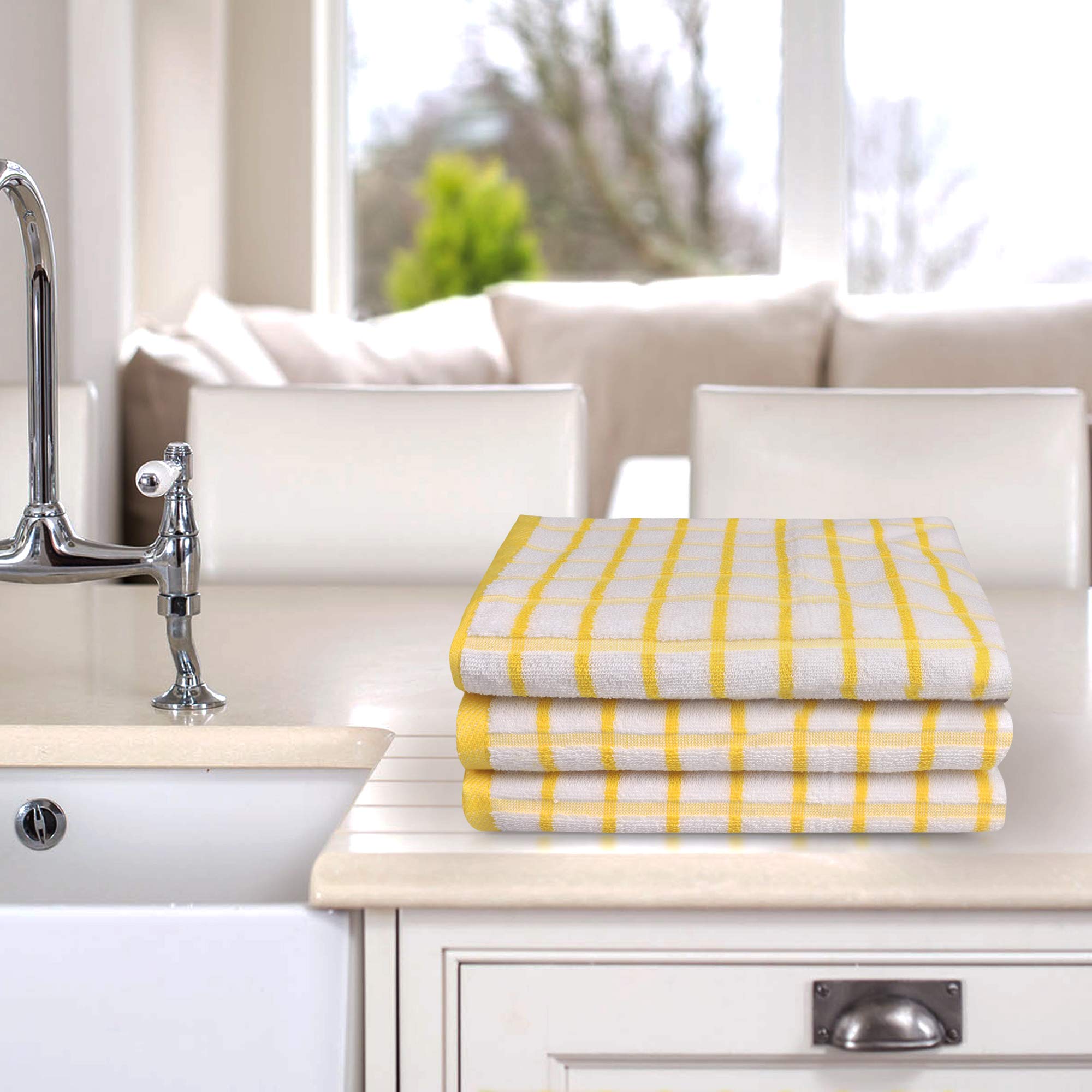 Urban Villa Kitchen Towels Yellow/White Set of 3 Terry Kitchen Towels 100% Cotton Ultra Soft Size 20X30 Inches Highly Absorbent Over Sized Kitchen Towels with Hanging Loop Kitchen Towels