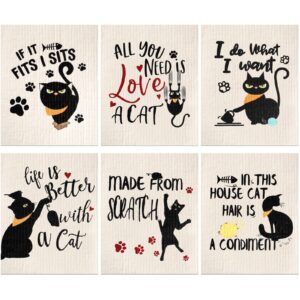 6 pcs funny black cat swedish kitchen dishcloths, reusable sponge swedish cleaning cloths washable dish cloths absorbent and halloween decorative kitchen towels housewarming gifts for kitchen bathroom