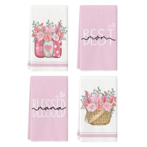 artoid mode tulip eucalyptus leaves vase flower basket blessed mama mother's day kitchen towels dish towels, 18x26 inch seasonal best mom ever decoration hand towels set of 4