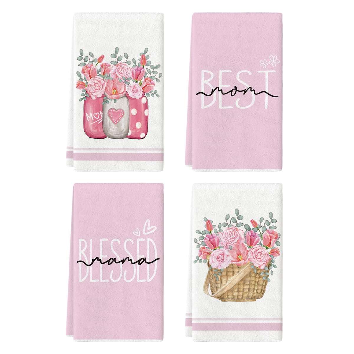 Artoid Mode Tulip Eucalyptus Leaves Vase Flower Basket Blessed Mama Mother's Day Kitchen Towels Dish Towels, 18x26 Inch Seasonal Best Mom Ever Decoration Hand Towels Set of 4