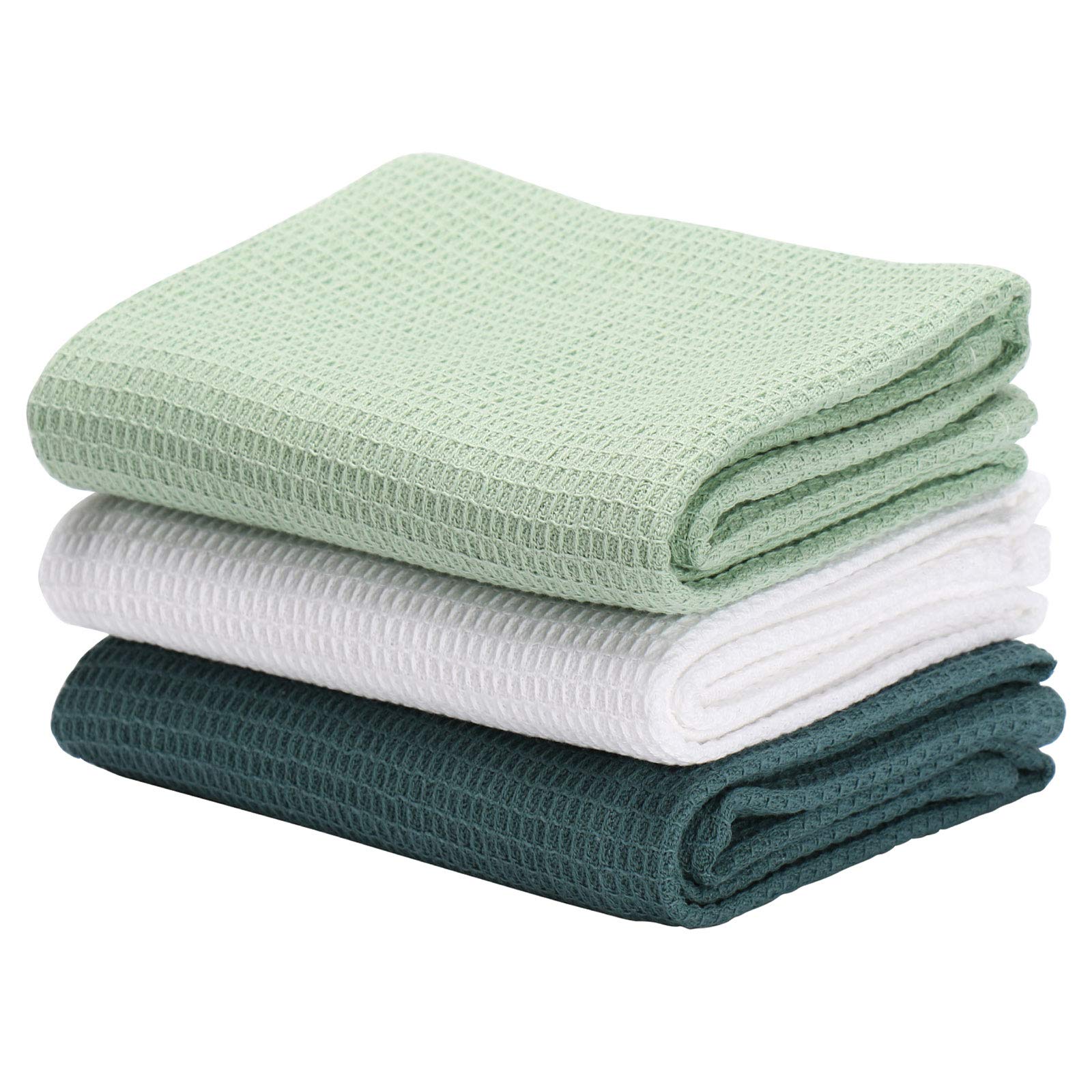 Jennice House Dish Cloths Dish Towels Set, Cotton Waffle Weave Kitchen Towels, Ultra Soft Absorbent Hand Towels in Large Size, Set of 3 (Green Set)