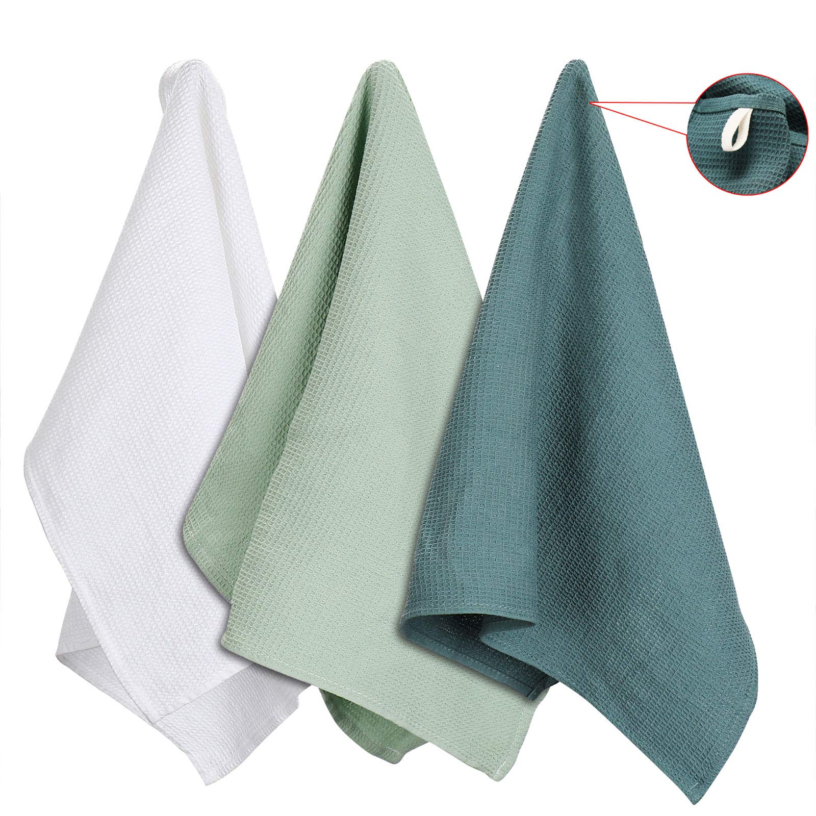 Jennice House Dish Cloths Dish Towels Set, Cotton Waffle Weave Kitchen Towels, Ultra Soft Absorbent Hand Towels in Large Size, Set of 3 (Green Set)