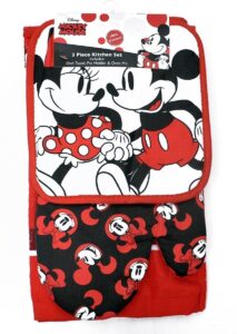 disney oven mitt pot holder & dish towel 3 pc kitchen set (mickey minnie red)