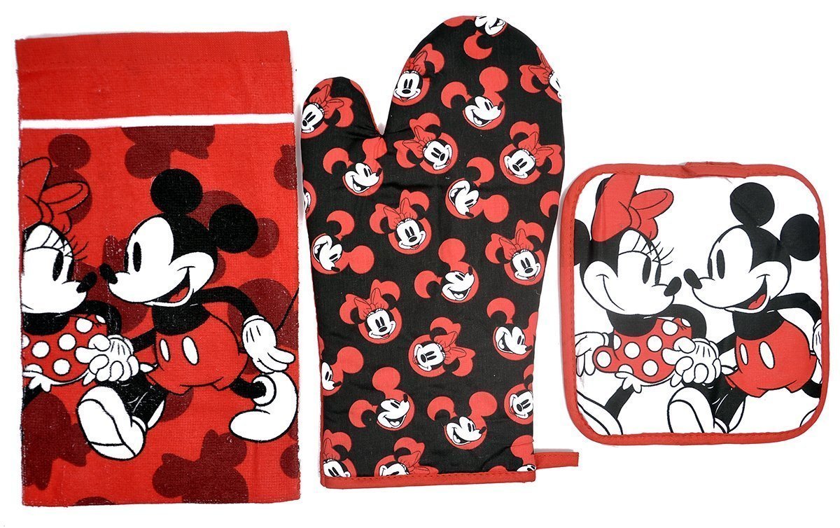 Disney Oven Mitt Pot Holder & Dish Towel 3 pc Kitchen Set (Mickey Minnie Red)