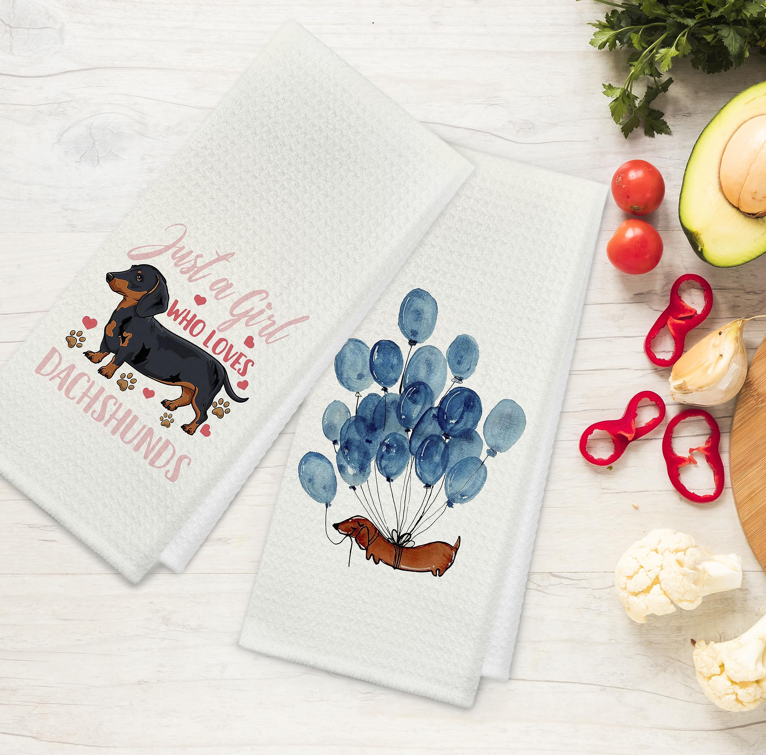 kunlisa Dachshund Themed Kitchen Dish Towels Set of 4, 16 x 24 Inches, White, Polyester