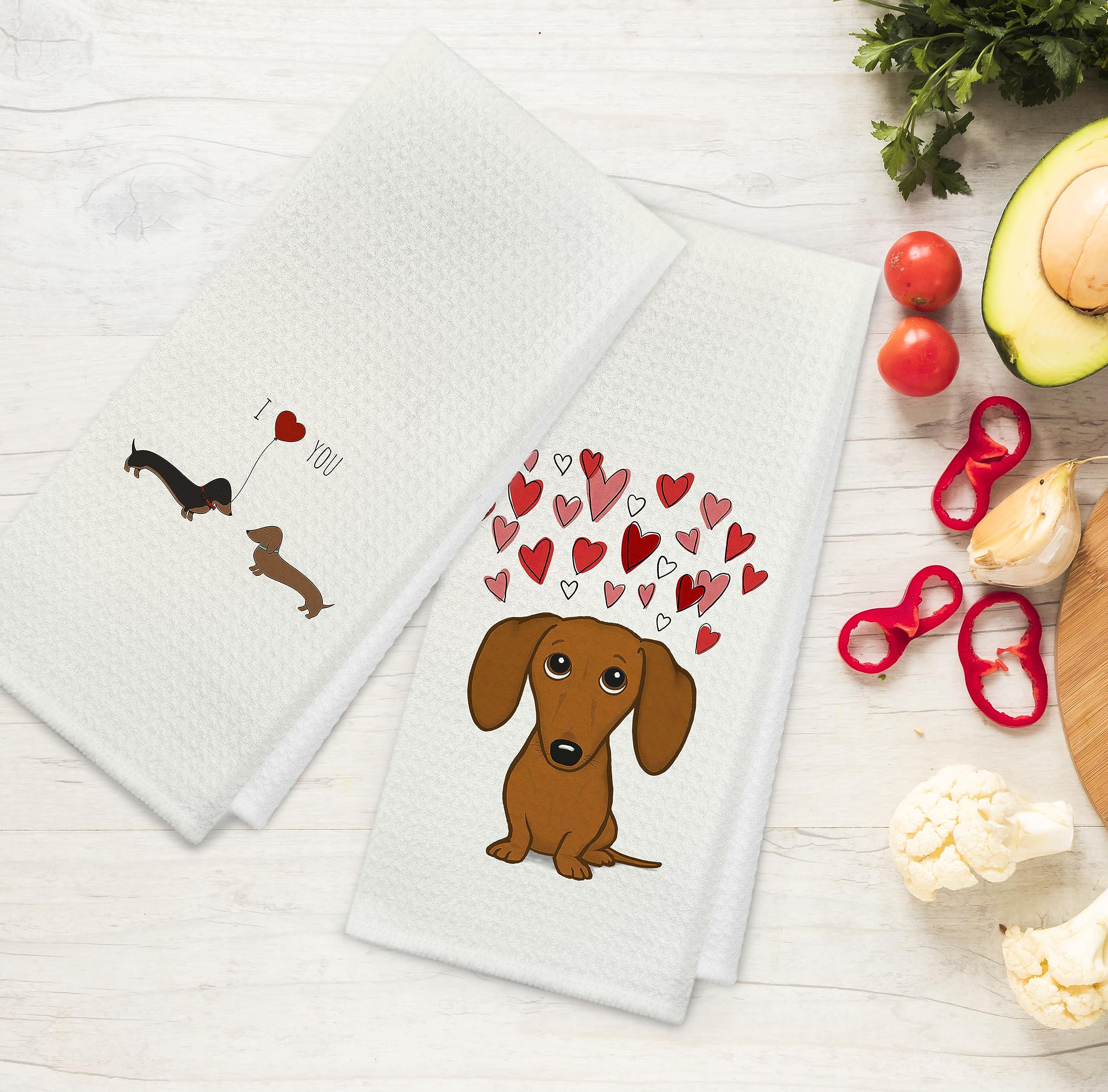 kunlisa Dachshund Themed Kitchen Dish Towels Set of 4, 16 x 24 Inches, White, Polyester