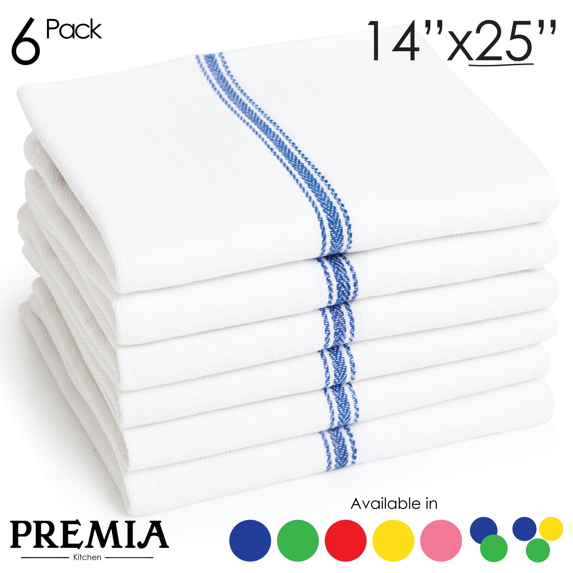 Blue Premia Dish Towels (6 Units) • Commercial Kitchen Towel • Absorbent 100% Cotton Herringbone (14"x25") • Commercial Quality: 24 oz/dz • Classic Tea Towels • Low Lint