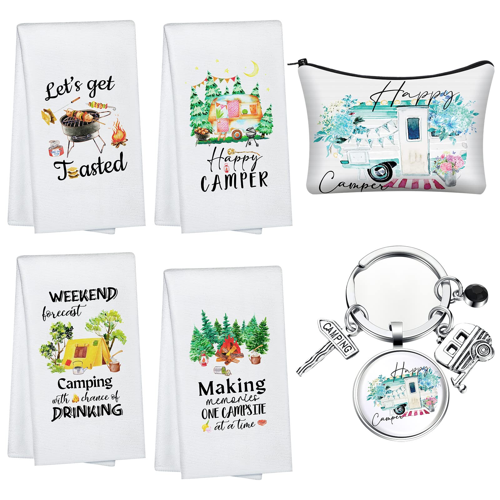 6 Pcs Camping Kitchen Towels Camping Accessories Set Funny Dish Towels, Camper Keychain, Camper Makeup Bag with Funny Sayings Novelty Gifts for Campers Camping Accessories Christmas Camper Gifts