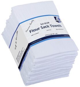 excellent deals flour sack [white, 24 pack] 100% cotton kitchen towels, 28"x28" cloth napkin, dish cloth, bar towels, tea towels, bread wrapper.