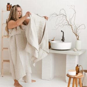 Pure 100% Linen Bath Towel - Stone-Washed 30 x 60 inch Soft Lightweight Travel Towel - Waffle Weave Quick Dry Hair Towel - Natural Flax Thin Towels for Bathroom Gym or Sauna - Sustainable Bath Sheet