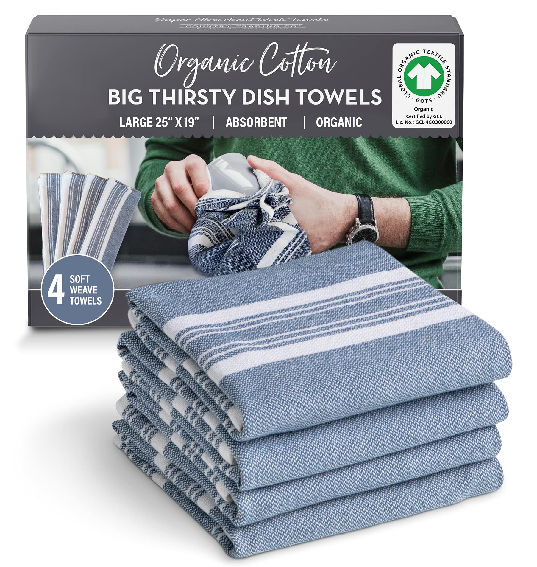 Country Trading Co. Big Thirsty Dish Towels - Organic Cotton Super Absorbent Kitchen Towels, Set of 4 – Soft Weave Machine Washable Tea Towels - 25” x 19” (Blue)