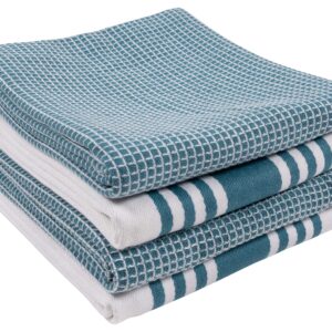 KAF Home Set of 4 Centerband and Waffle Flat Kitchen Towels | 18 x 28 Inch Absorbent, Durable, Soft, and Beautiful Kitchen Towels | Perfect for Messes and Drying Dishes - Teal