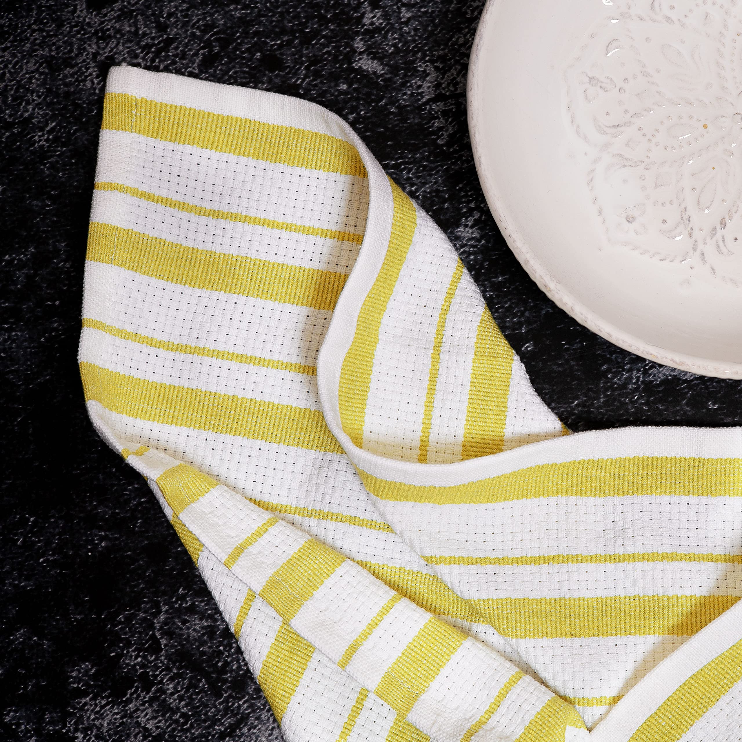 COTTON CRAFT Oversized Kitchen Towels -4 Pack 100% Cotton Basketweave Tea Dish Towels - Absorbent Reusable Low Lint Quick Dry - Cooking Drying Restaurant Bar Cleaning Cloth Napkin -20x30 Yellow Stripe