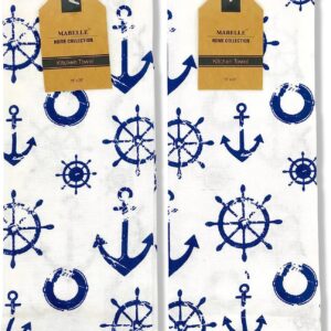 Summer Kitchen Dish Towel Set: Fun Nautical Anchor Captains Wheel Design, Set of 2 (Nautical)