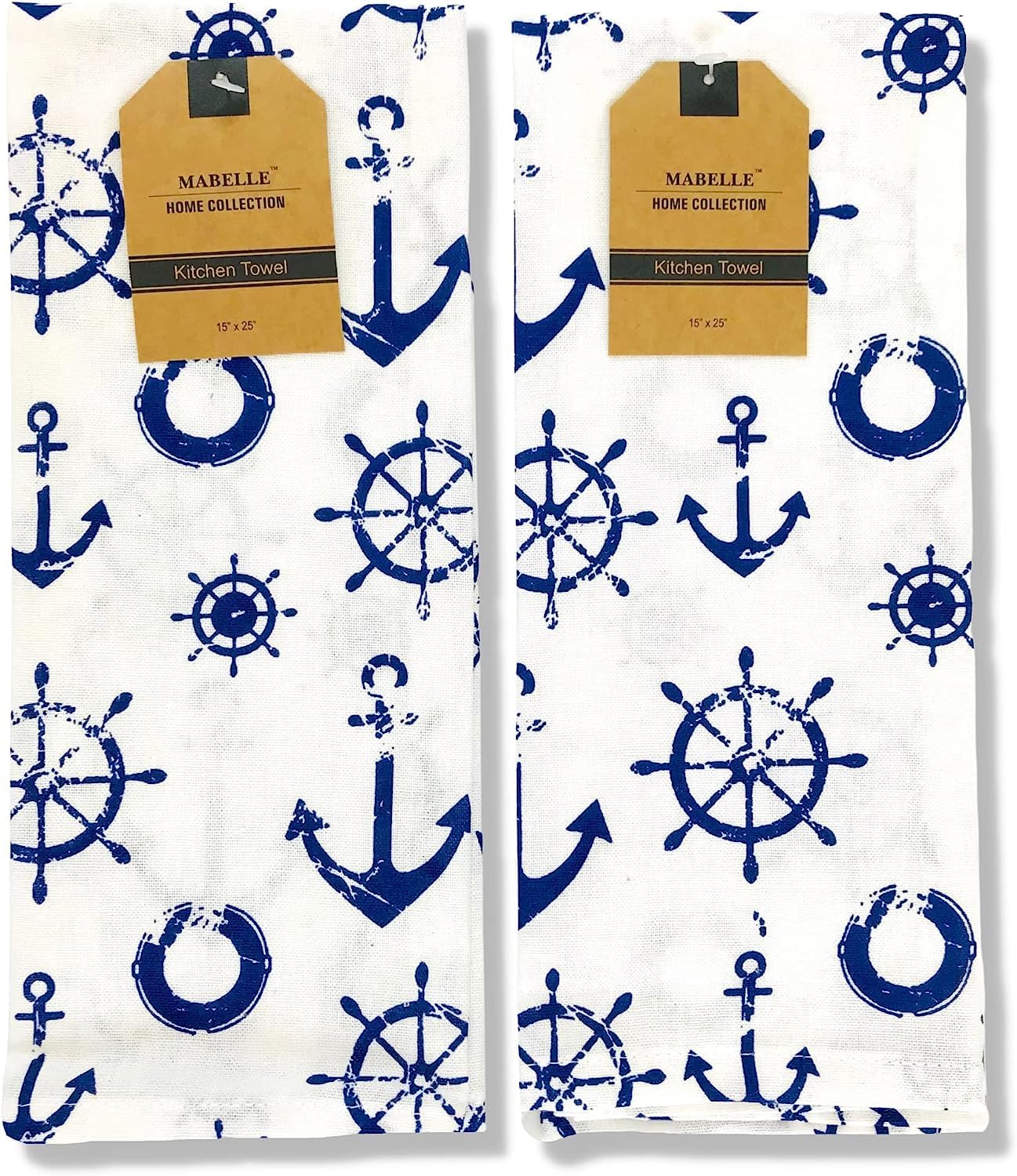 Summer Kitchen Dish Towel Set: Fun Nautical Anchor Captains Wheel Design, Set of 2 (Nautical)