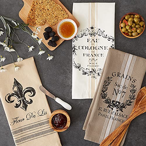 DII French Style Tabletop Kitchen Collection, Dishtowel Set, 18x28, Assorted French Grain, 3 Piece