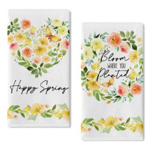 seliem happy spring flower heart floral wreath kitchen dish towel set of 2, bloom where you planted hand towel drying baking cooking cloth, watercolor rose seasonal kitchen decor 18x26 inches