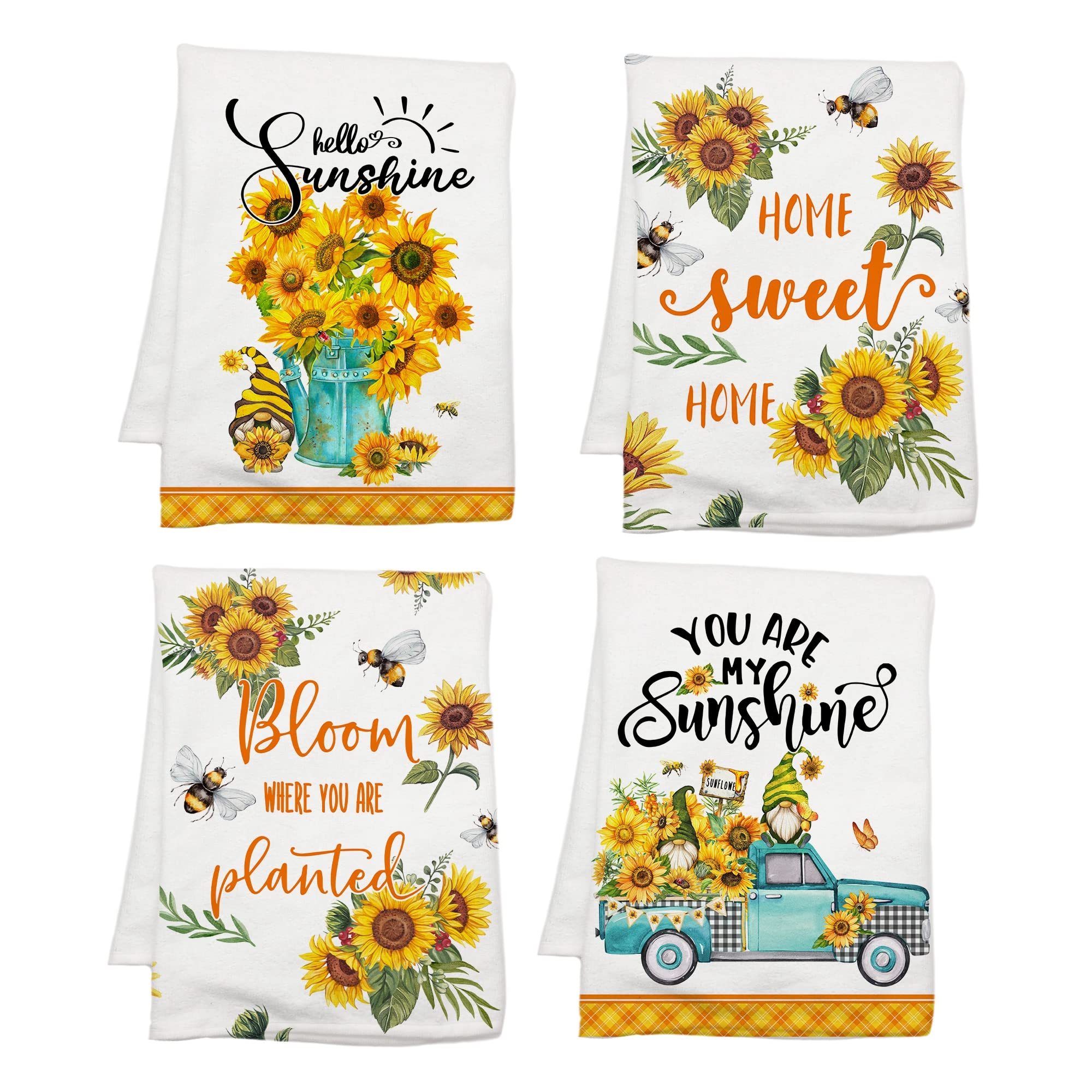 Camping Dish Towels and Dish Cloths, Funny Kitchen Towels with Sayings, Happy Camper Kitchen Hand Towels Sets of 4, Farmhouse Housewarming Gifts for RV Owners Lovers, 4 Pack Hand Towels Tea Towels