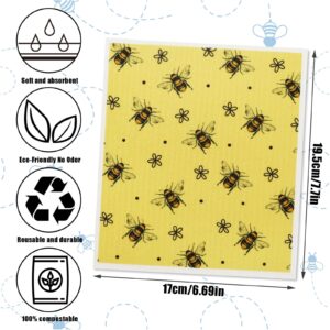 Whaline 4 Pack Bees Dishcloths Reusable Washable Bees Swedish Towels Cotton Absorbent Cleaning Cloth Seasonable Spring Summer Hand Towels Decoration for Kitchen Towel Home Clean Bathroom Office Gifts